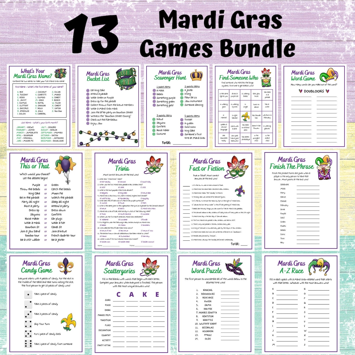 Mardi Gras Games Bundle | Printable Mardi Gras Party Game | Mardi Gras ...