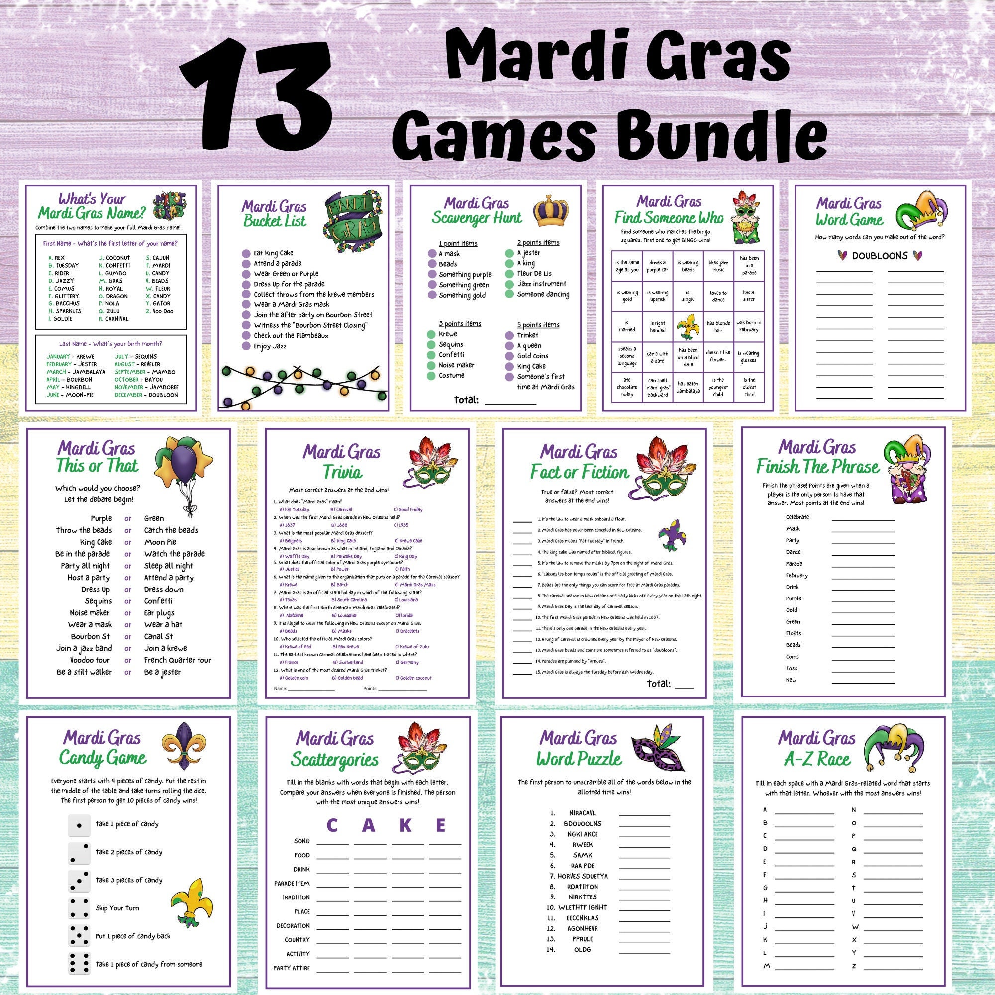 Mardi Gras Games Bundle | Printable Mardi Gras Party Game | Mardi Gras ...