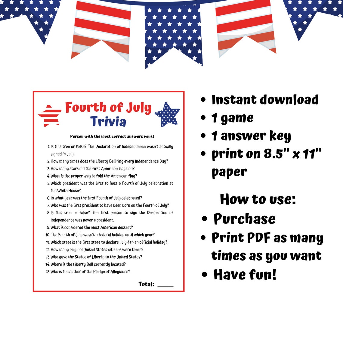 Fourth of July Trivia Game | Independence Day Party Game | Patriotic ...