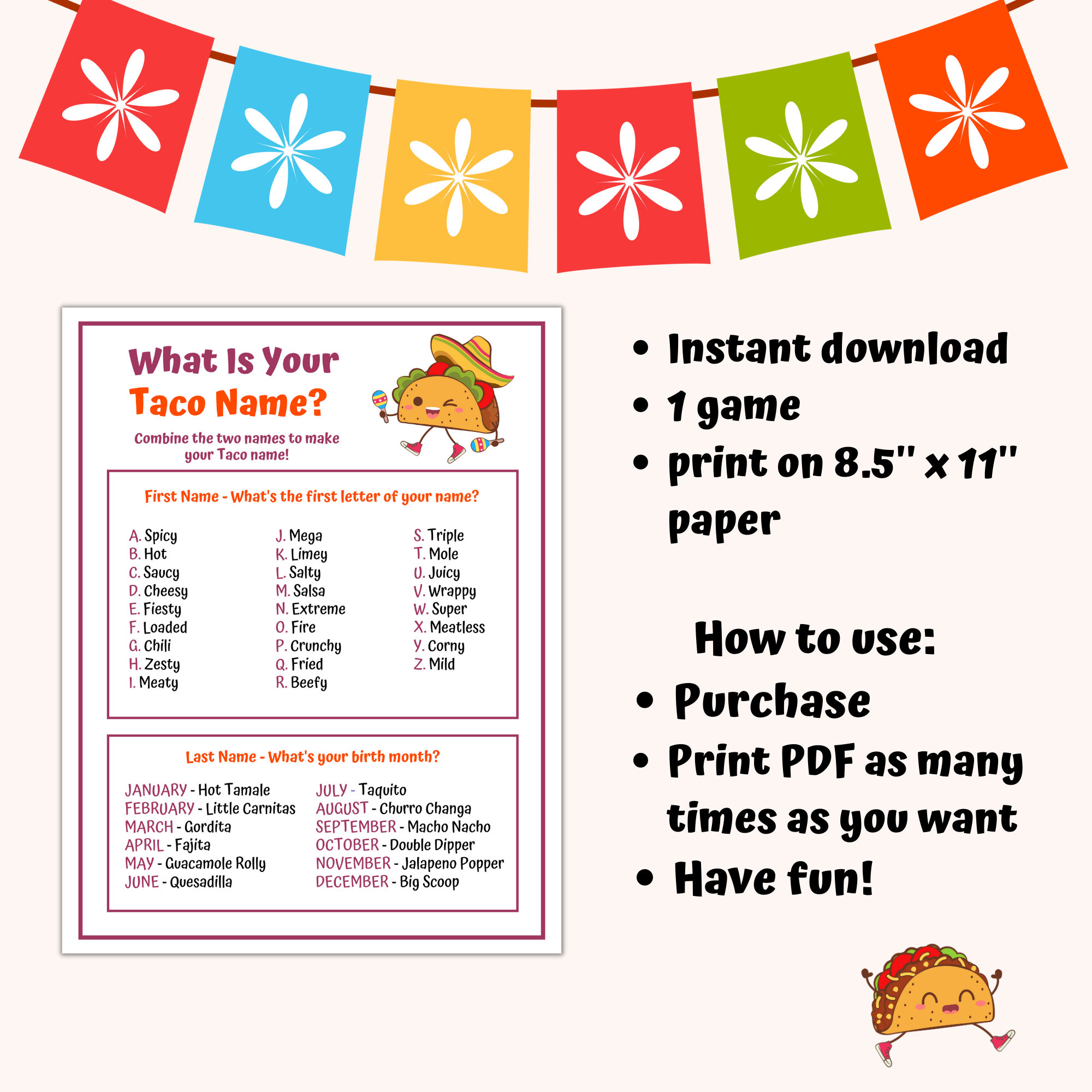 What is Your Taco Name Game | Cinco De Mayo Party Game | Fiesta | Fun ...