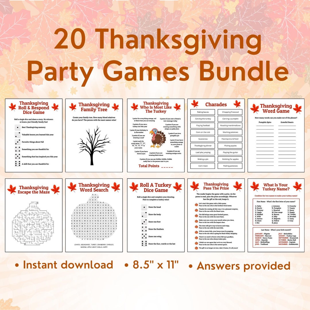 20 Thanksgiving Games Bundle | Thanksgiving Dinner Party Printable ...