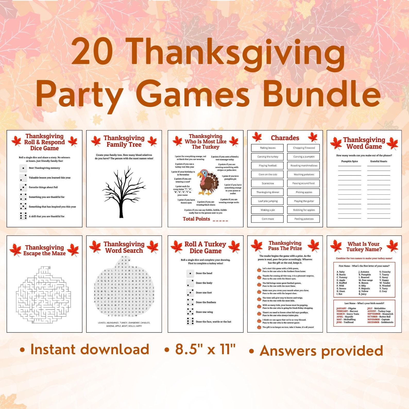 20 Thanksgiving Games Bundle | Thanksgiving Dinner Party Printable ...