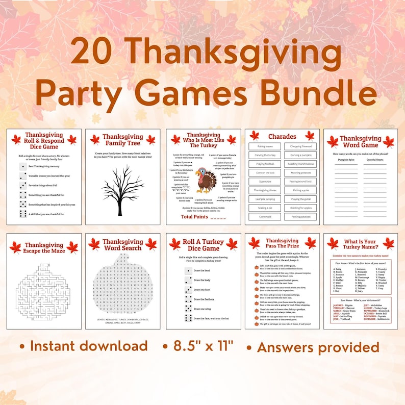 20 Thanksgiving Games Bundle | Thanksgiving Dinner Party Printable ...