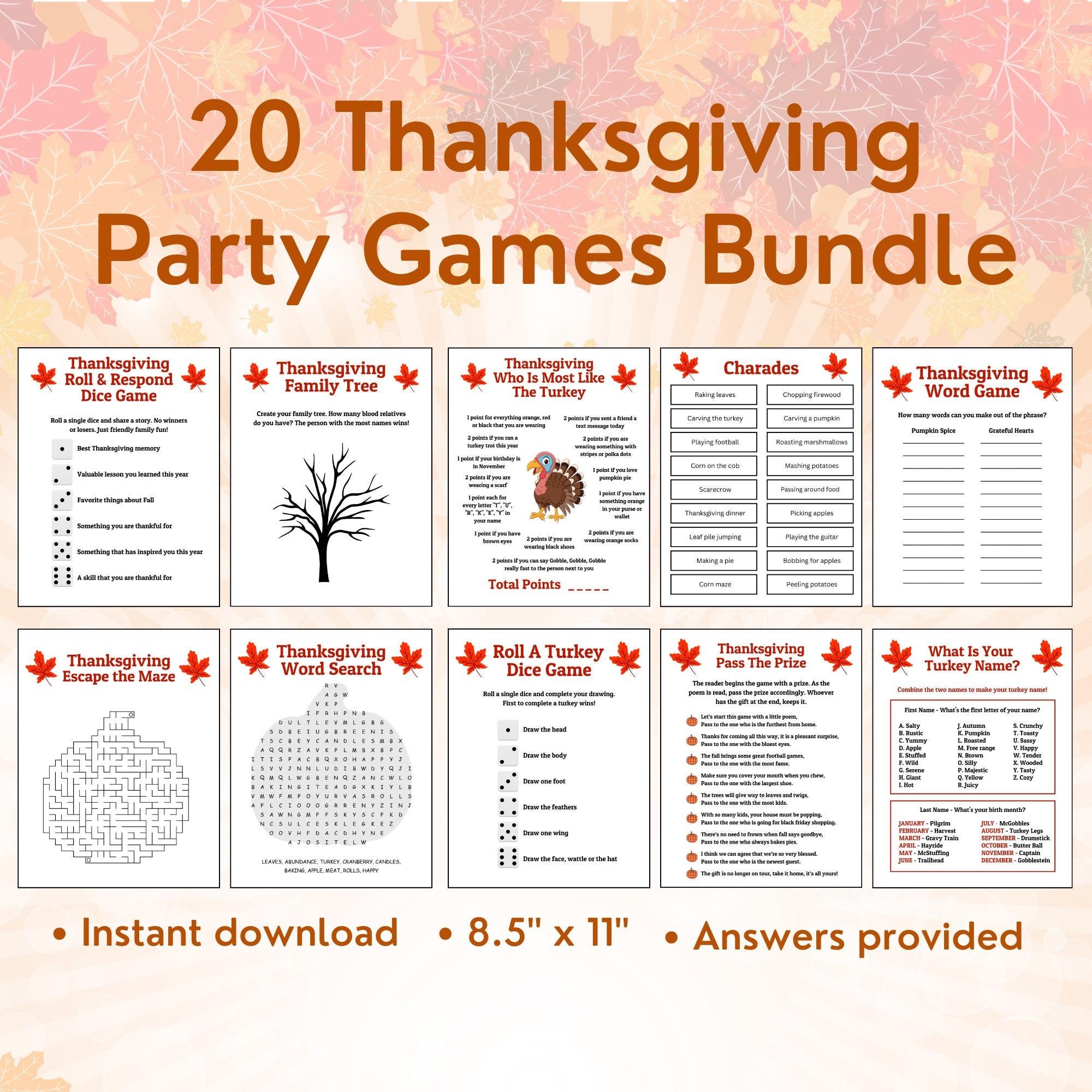 20 Thanksgiving Games Bundle | Thanksgiving Dinner Party Printable ...