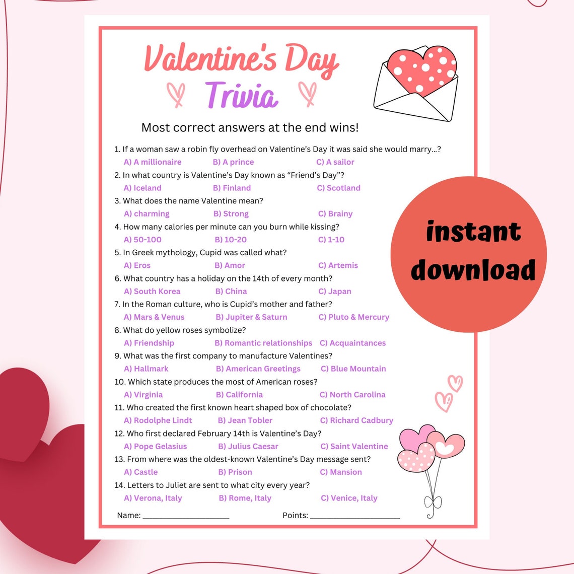 Valentine’s Day Trivia Game | Adult Valentines Trivia | Printable ...
