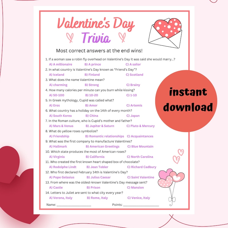 Valentine’s Day Trivia Game | Adult Valentines Trivia | Printable ...