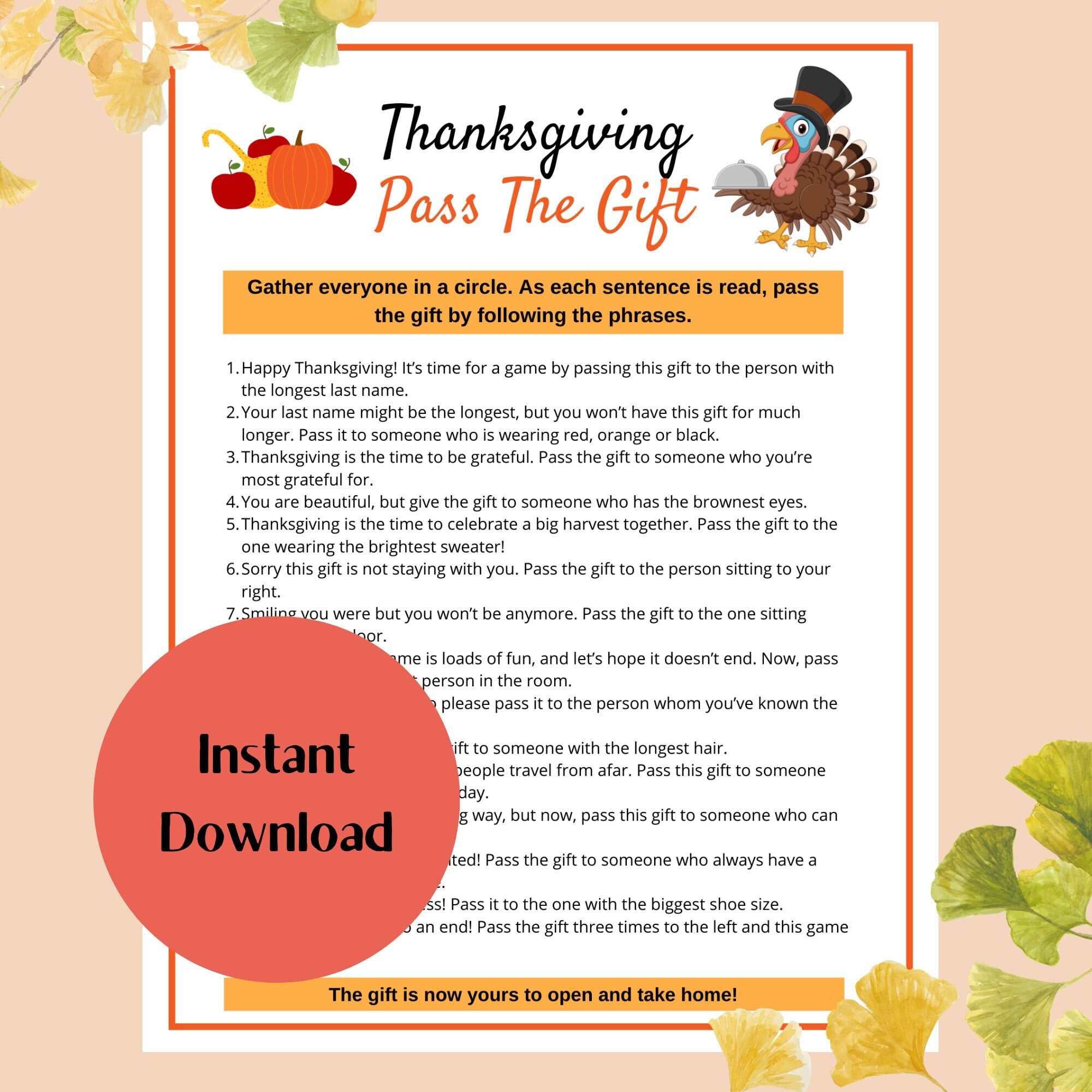 Pass the Gift Game | Thanksgiving Game Printable | Thanksgiving Party ...