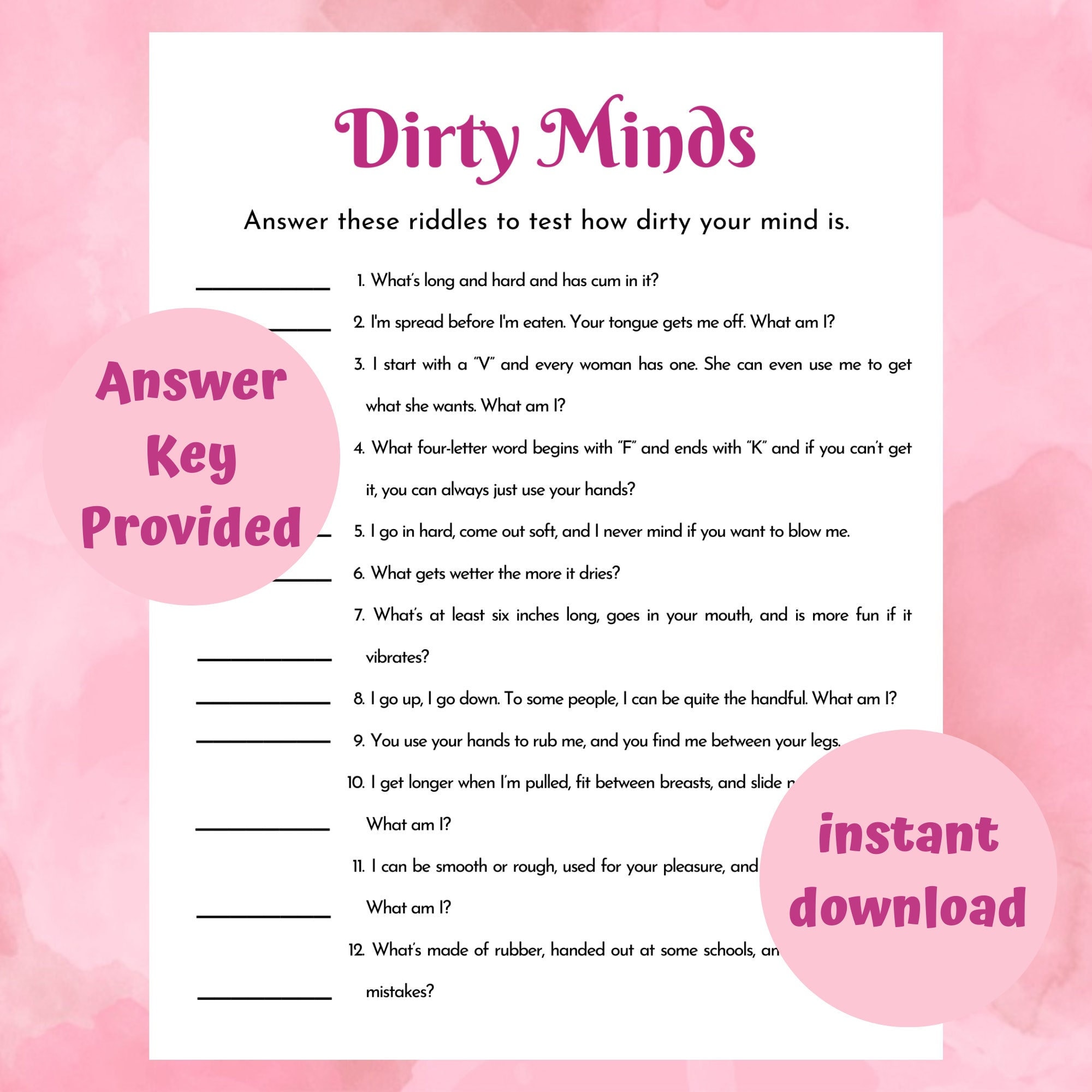 Dirty Minds Game Modern Minimal Dirty Riddles Bachelorette Party Game ...