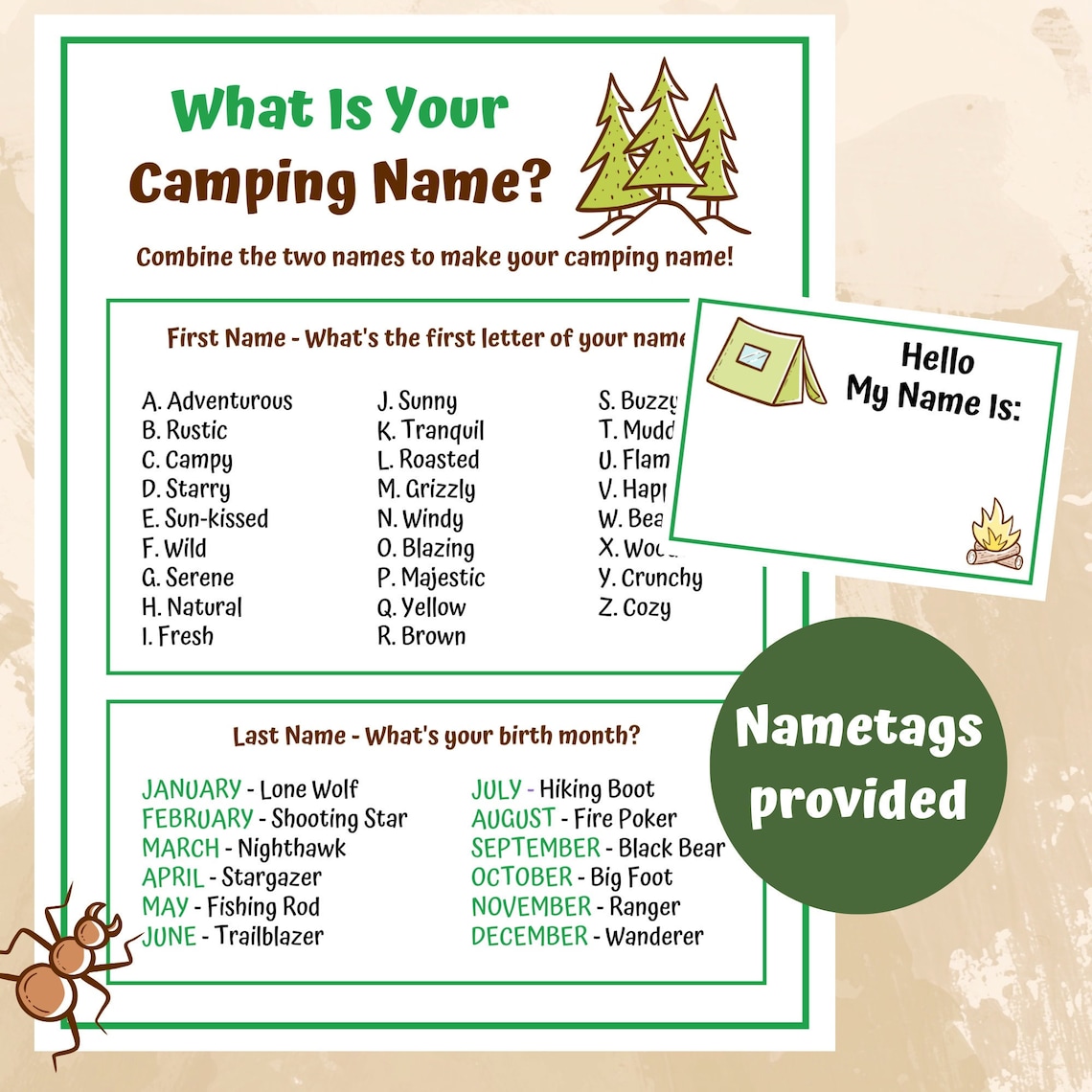 What is Your Camping Name Printable With Nametags | Camp Icebreaker ...