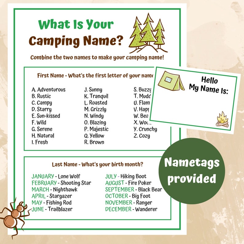 What is Your Camping Name Printable With Nametags | Camp Icebreaker ...