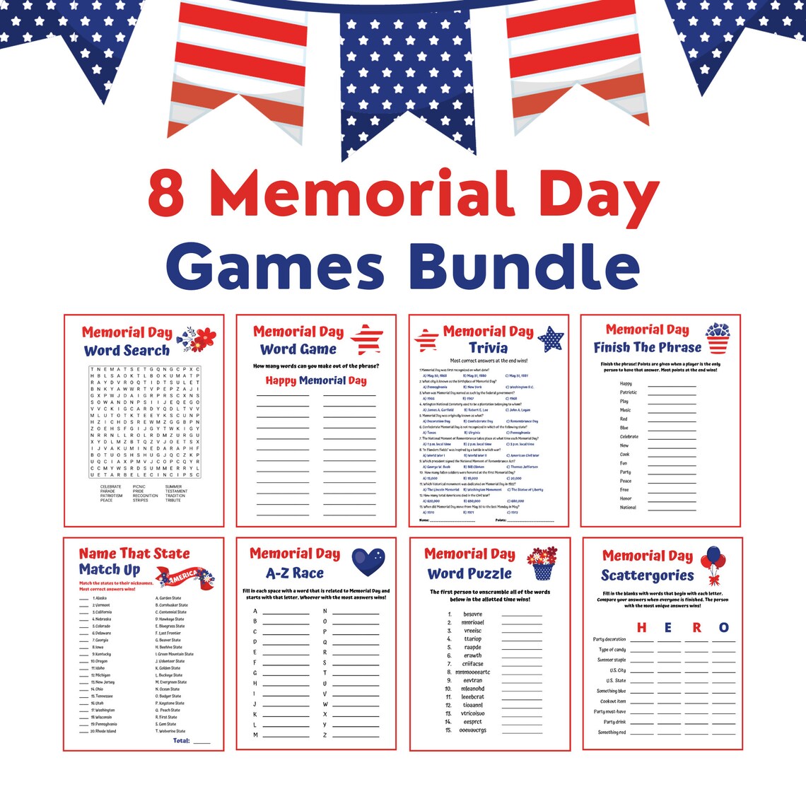 Memorial Day Games Bundle | Memorial Day Party Games | Patriotic Games ...