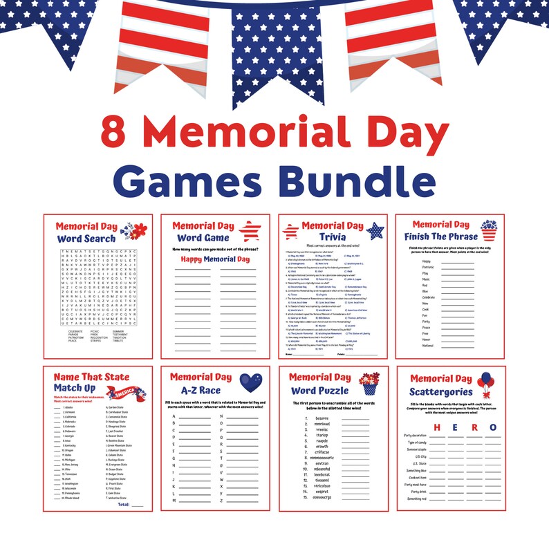 Memorial Day Games Bundle | Memorial Day Party Games | Patriotic Games ...