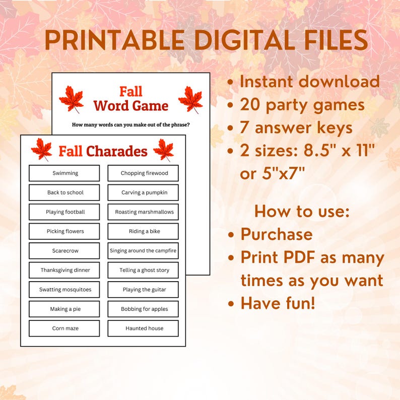 20 Fall Party Games Bundle, Printable Autumn Games, Fun Fall Activities ...