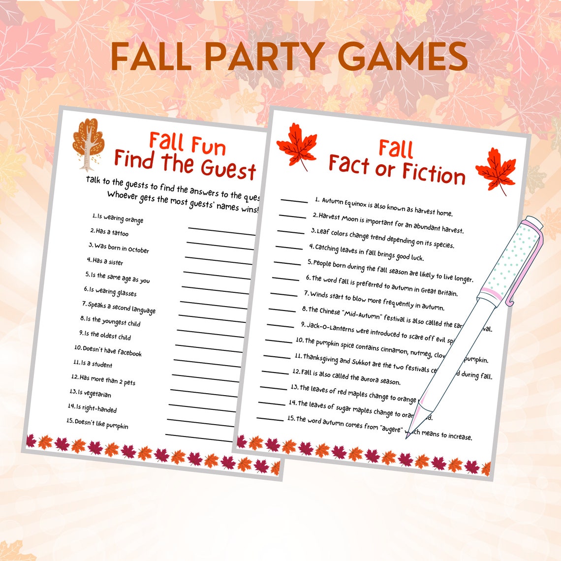 8 Fall Party Games Bundle Printable Autumn Games Bundle Fall Activities ...