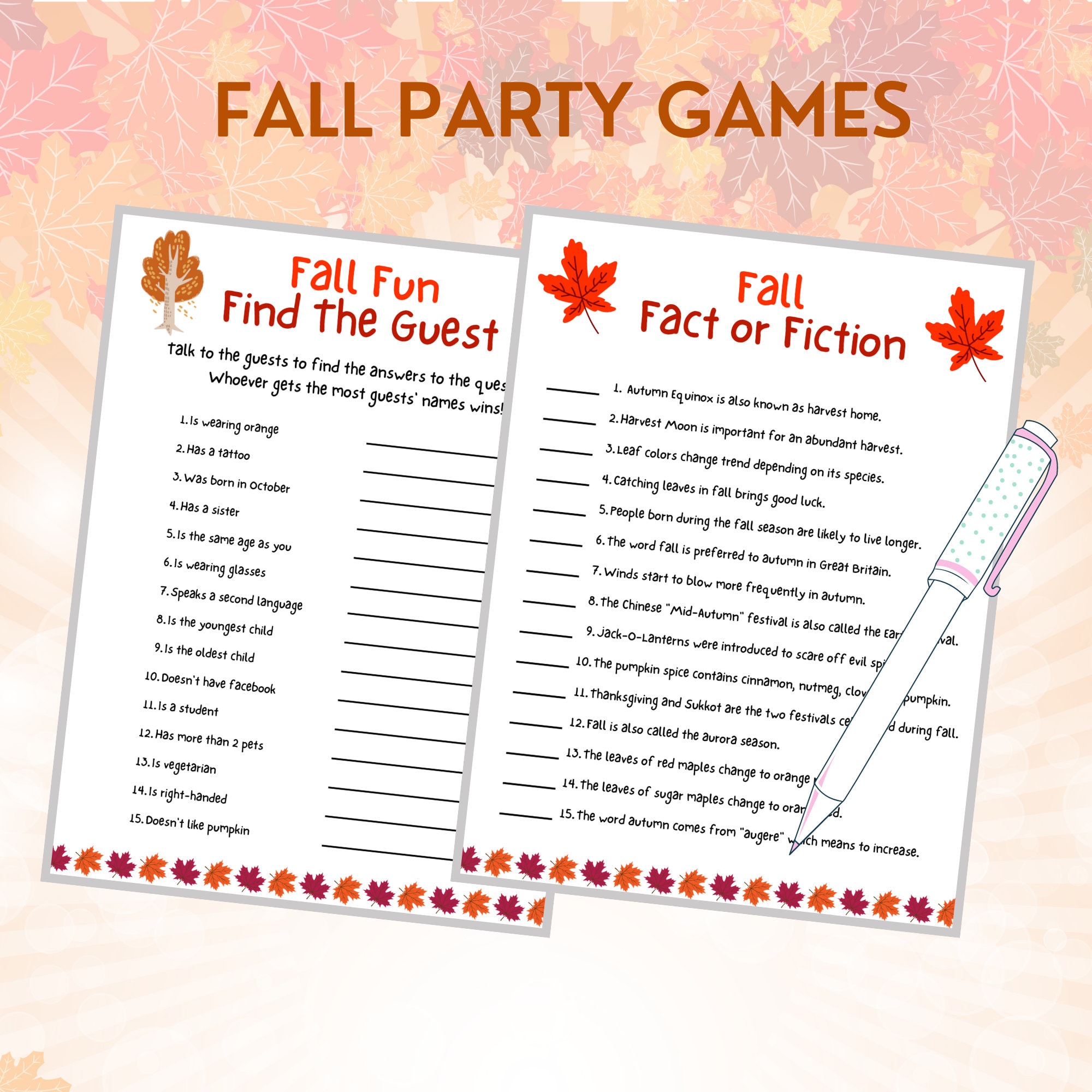 8 Fall Party Games Bundle Printable Autumn Games Bundle Fall Activities ...