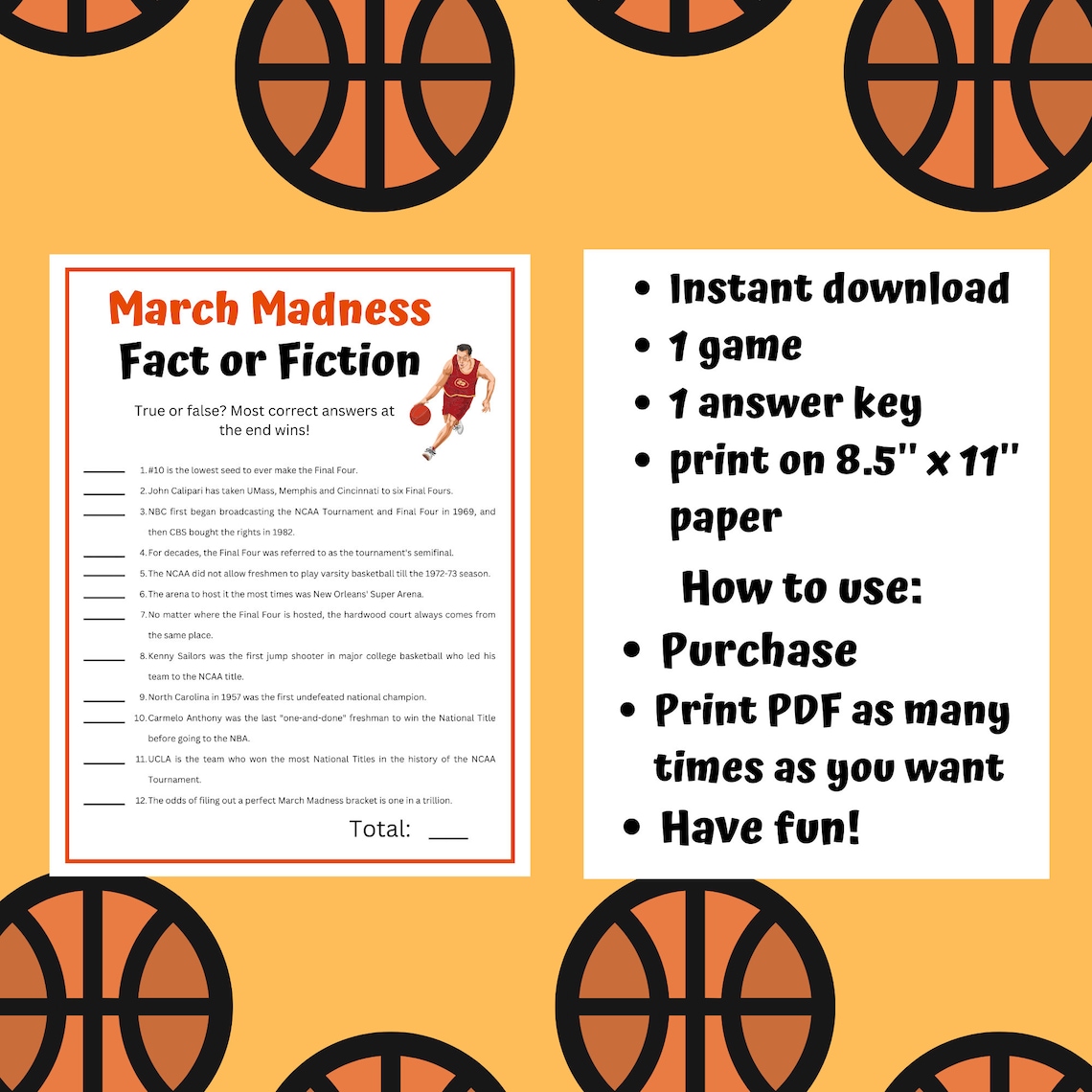March Madness NCAA Fact or Fiction Trivia Printable March Madness NCAA ...