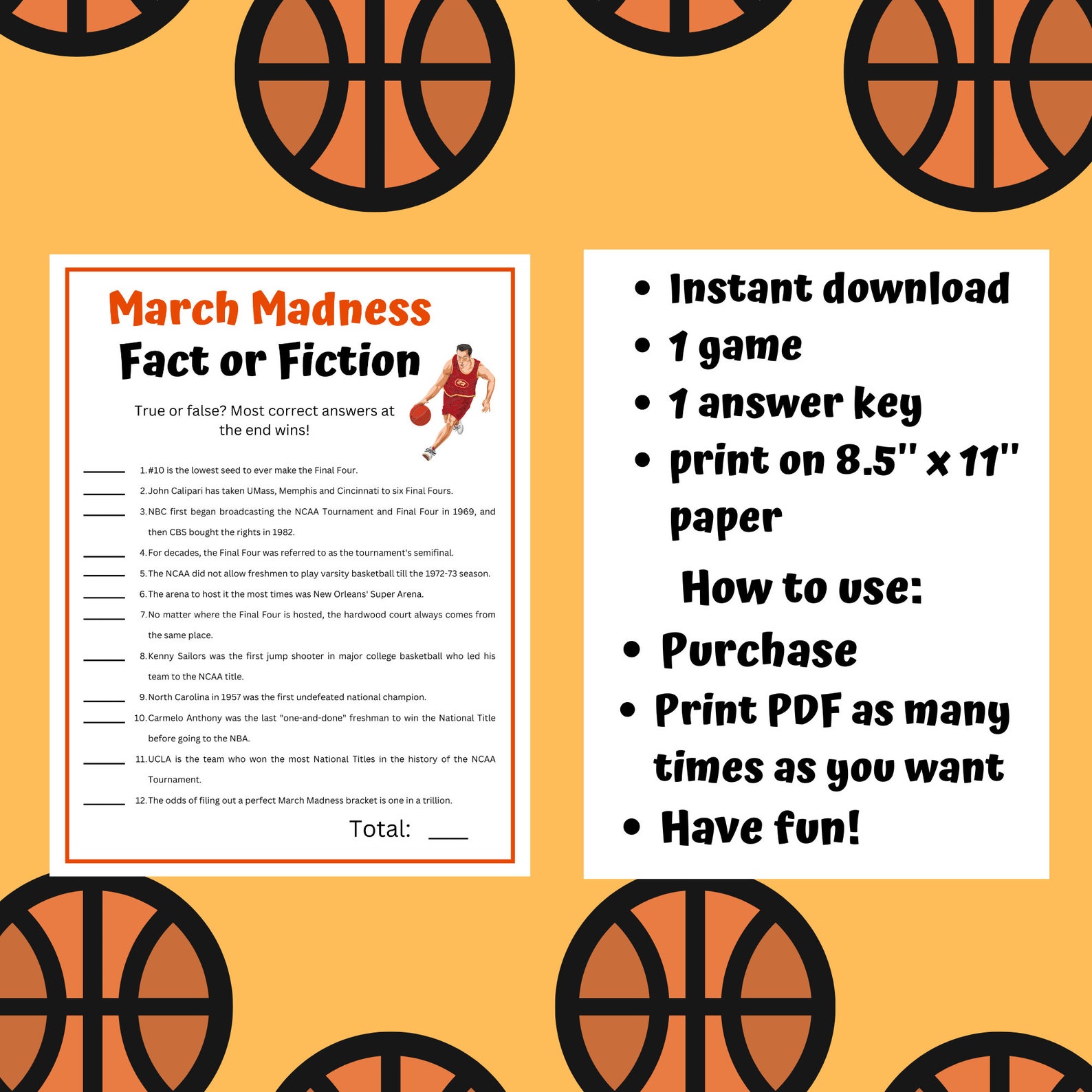 March Madness NCAA Fact or Fiction Trivia Printable March Madness NCAA ...