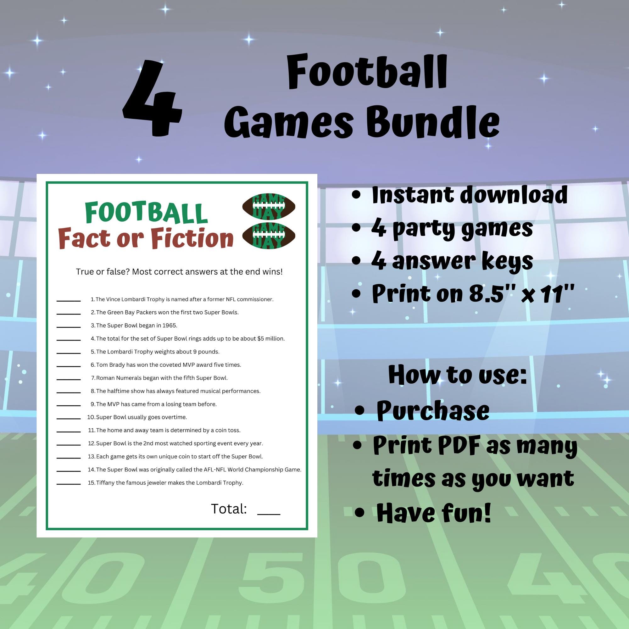 4 Football Party Game Set | Football Trivia | Sup3r Bowl Printable ...