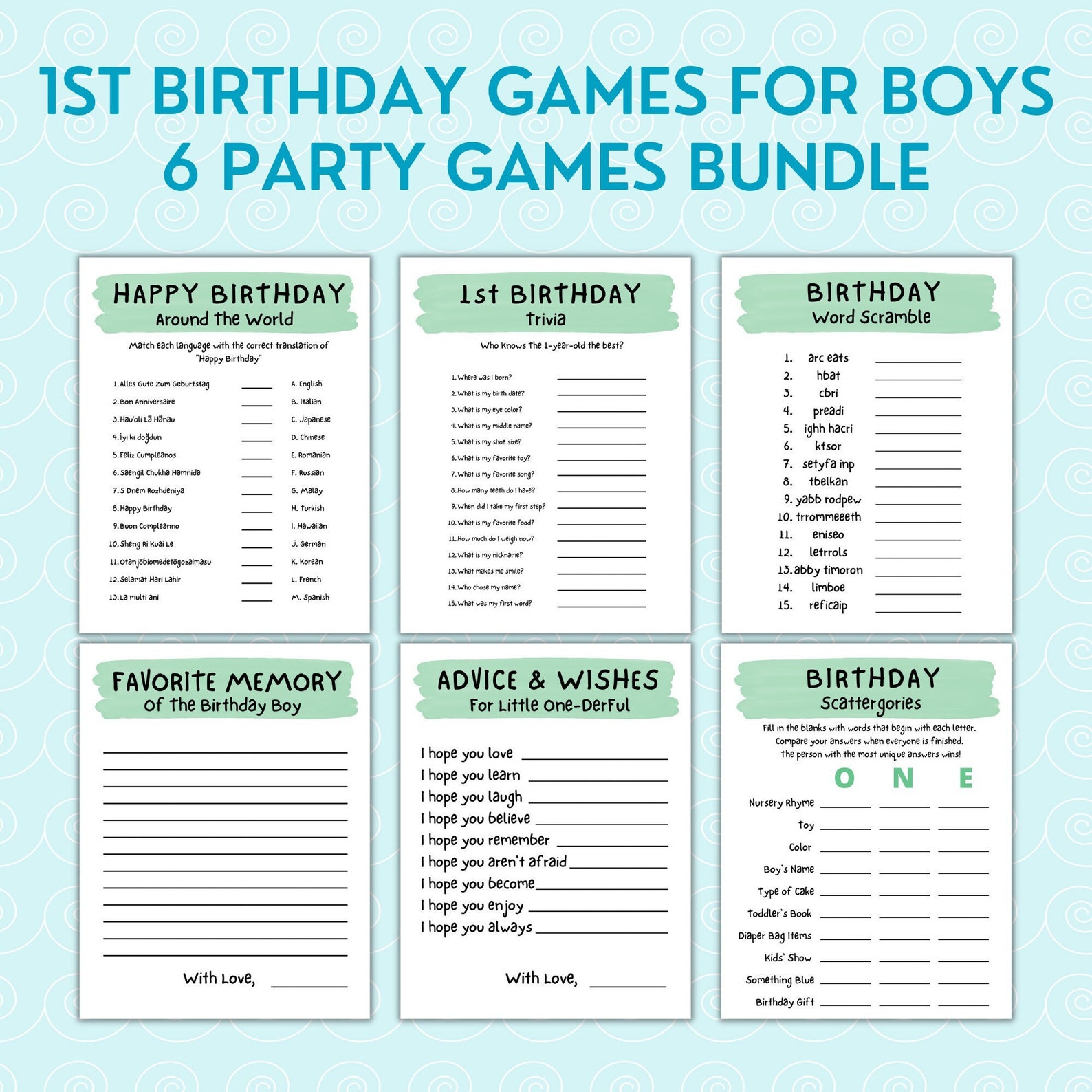 First Birthday Party Games for Boys | Printable Party Games Bundle ...