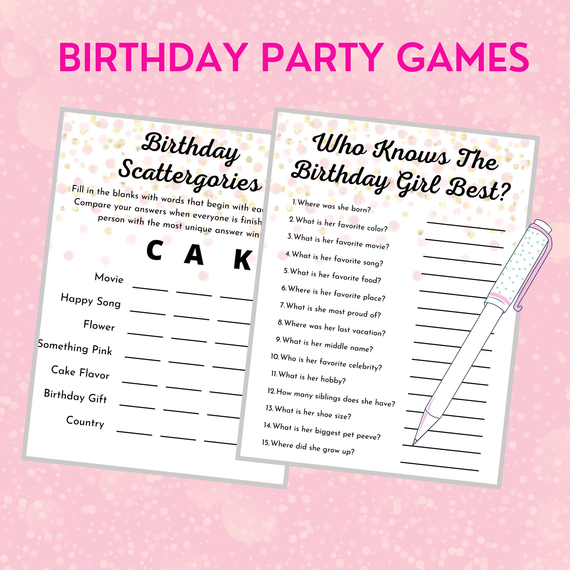 10 Printable Birthday Games For Her Bundle Adult Birthday Games 20th