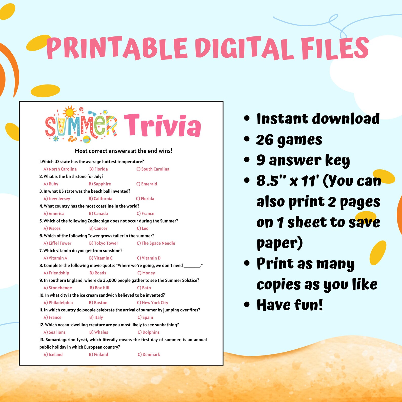 Summer Printable Summer Activities for Kids Adult Pool Party Game ...