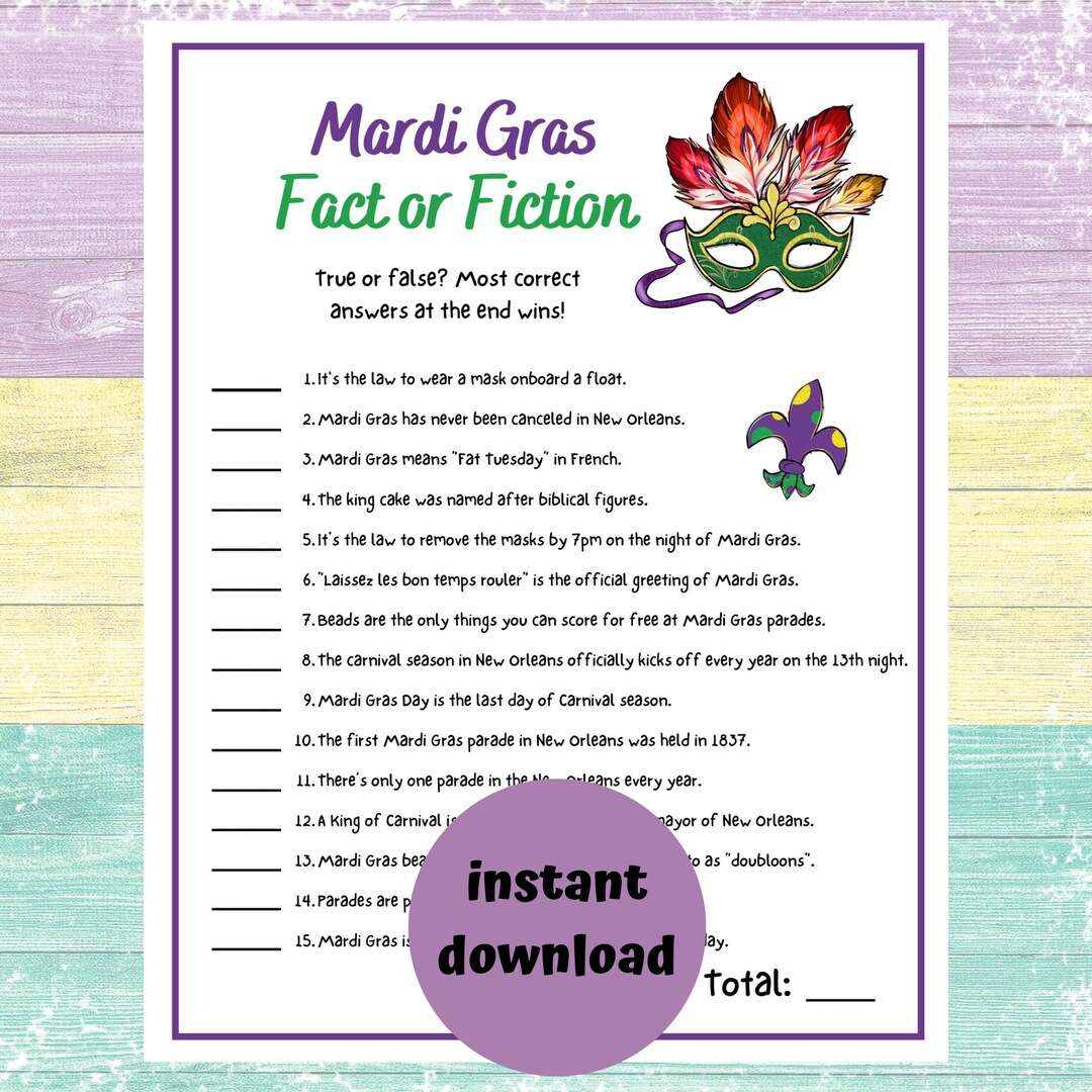 Mardi Gras Fact or Fiction Game | Printable Mardi Gras Party Game ...