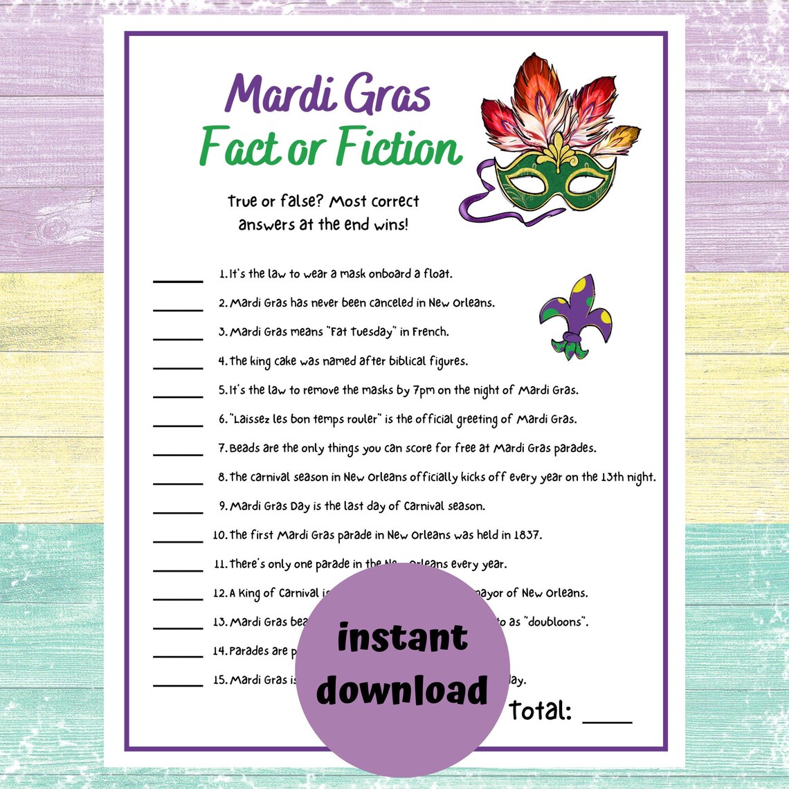 Mardi Gras Fact or Fiction Game | Printable Mardi Gras Party Game ...