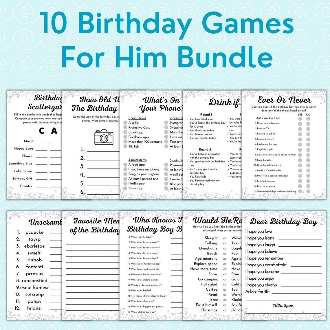 10 Printable Birthday Games for Him Bundle | Adult Birthday Games ...