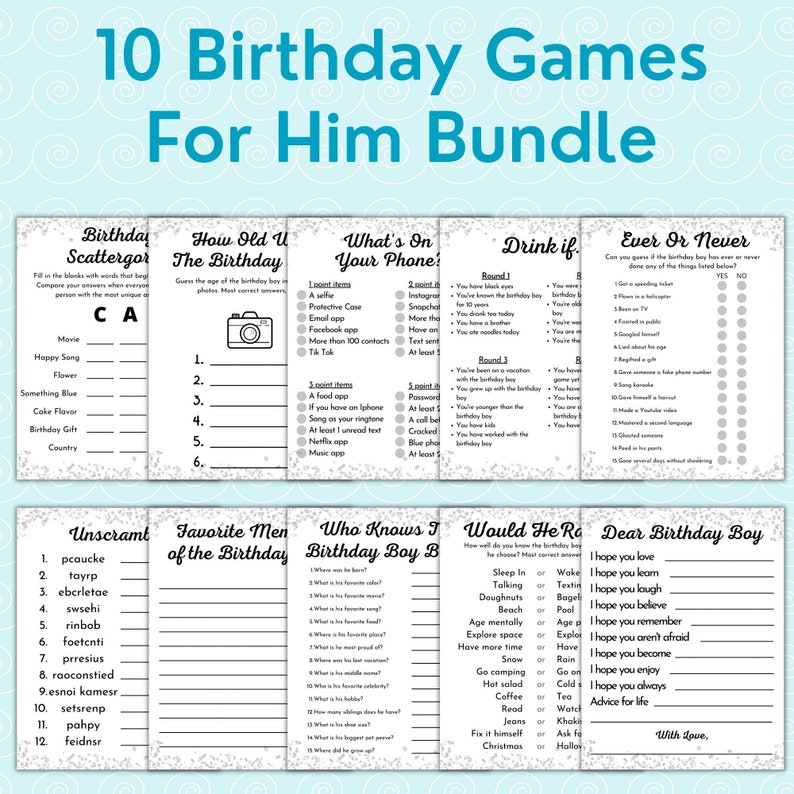 10 Printable Birthday Games for Him Bundle | Adult Birthday Games ...