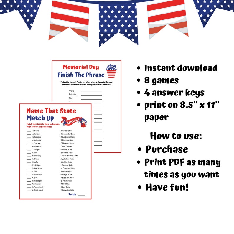 Memorial Day Games Bundle | Memorial Day Party Games | Patriotic Games ...