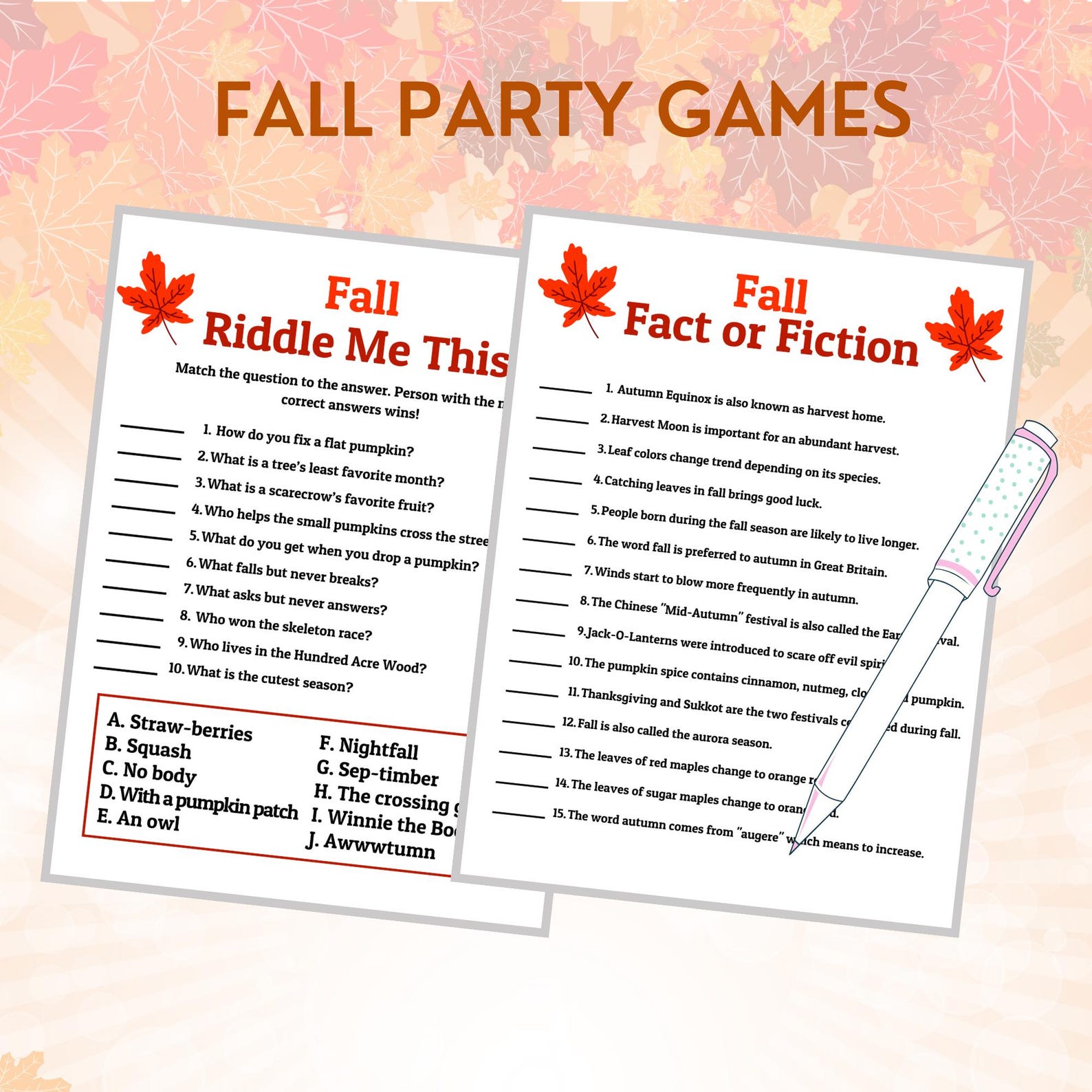 20 Fall Party Games Bundle, Printable Autumn Games, Fun Fall Activities ...