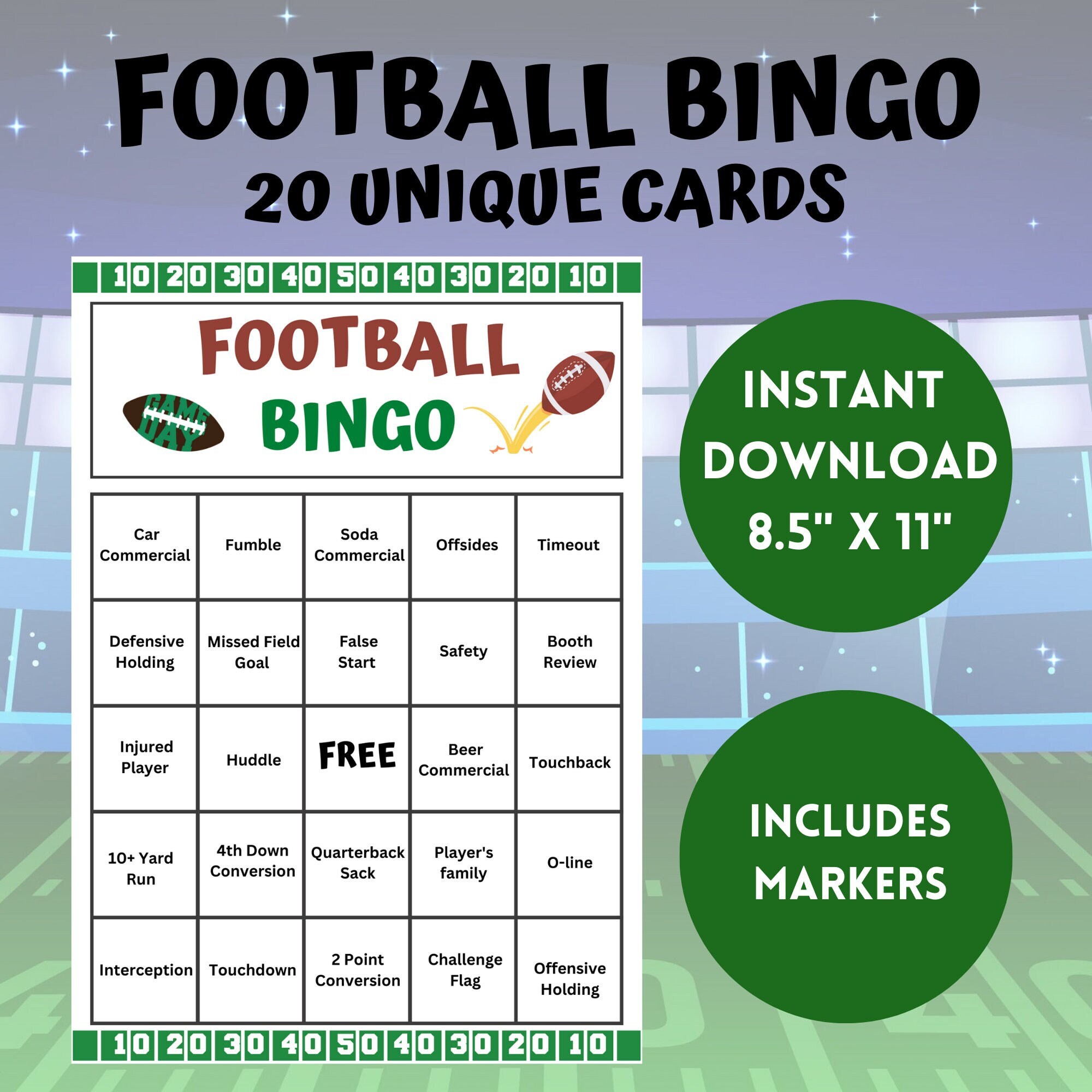 20 Football Bingo Cards | Bowl Party Games | Football Party Games ...