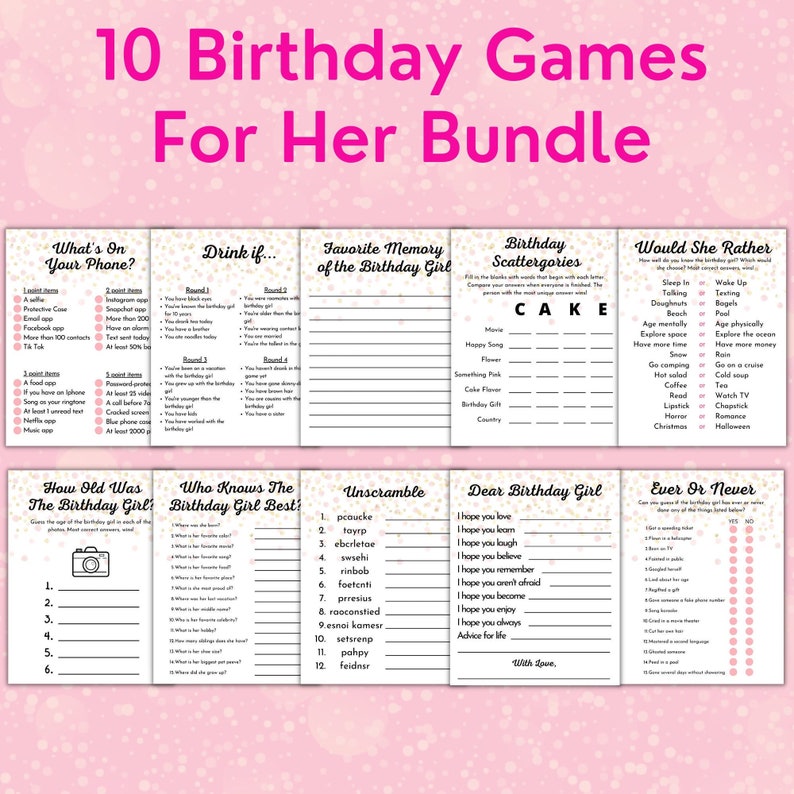 10 Printable Birthday Games For Her Bundle Adult Birthday Games 20th