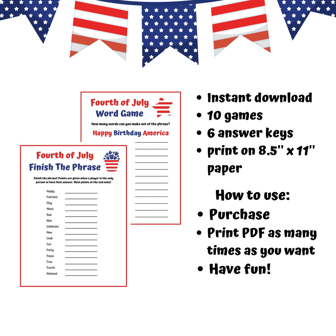 10 Fourth of July Games Bundle Independence Day Patriotic Games ...