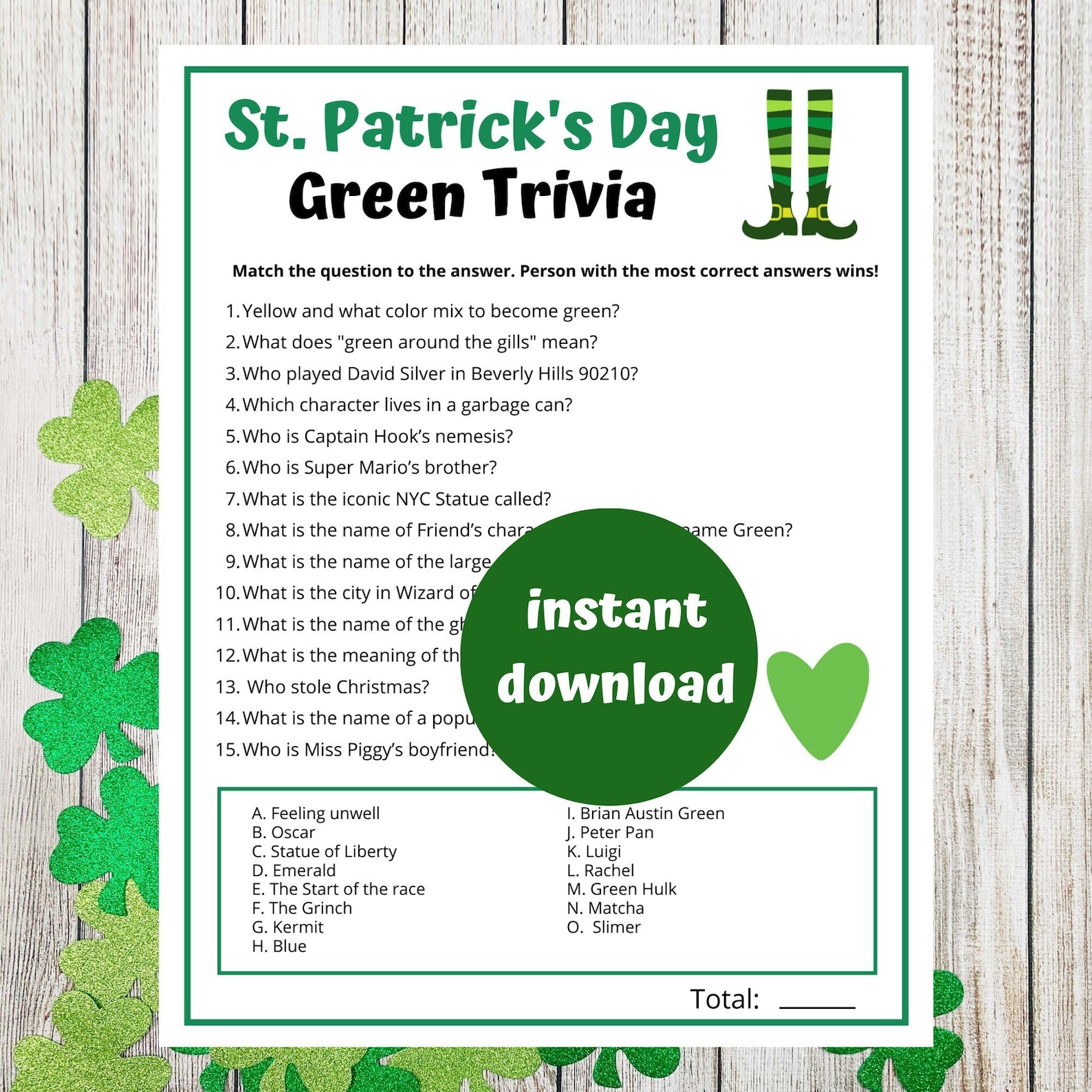 St Patrick's Day Green Trivia Printable Game | St Paddy's Day Office ...