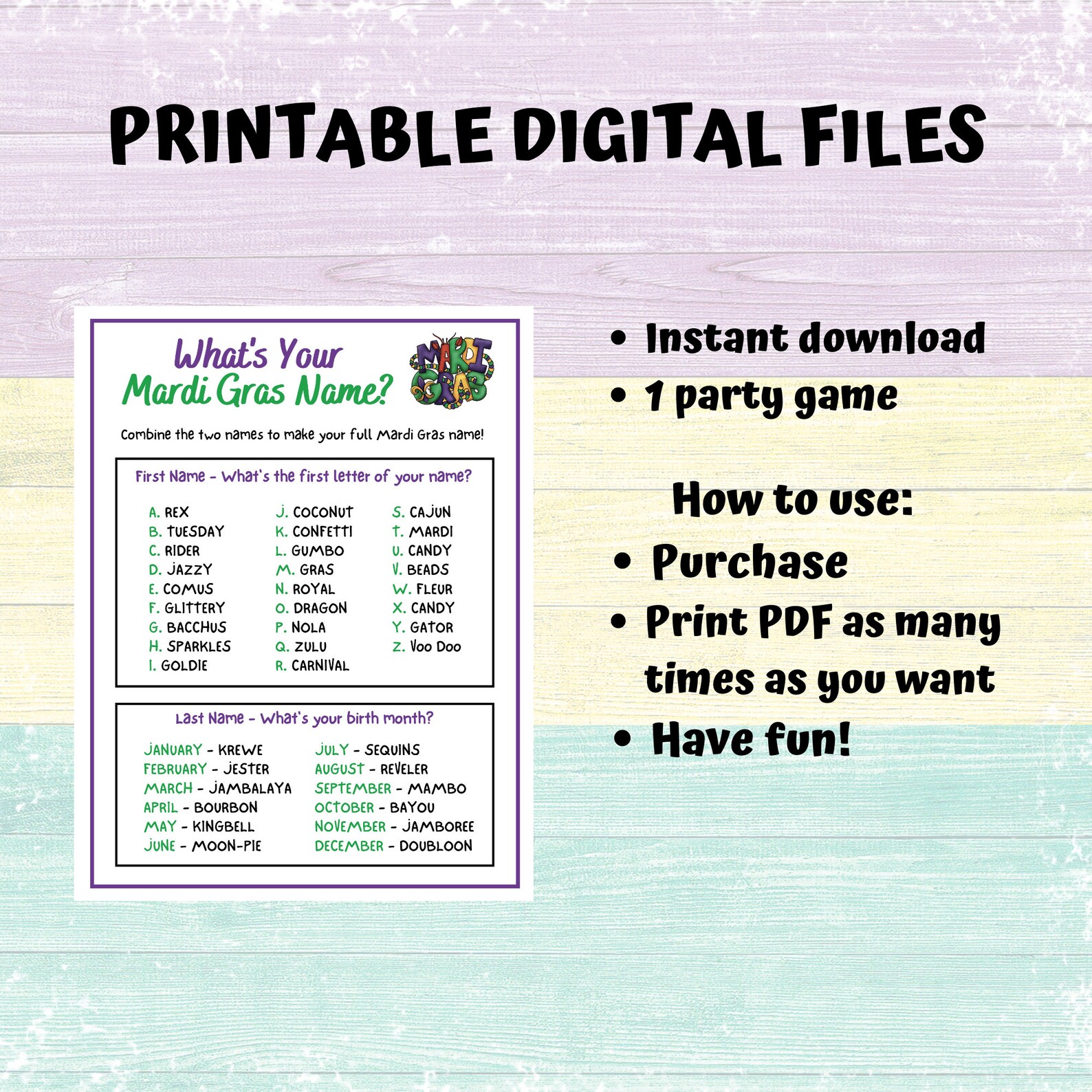 What's Your Mardi Gras Name Game | Printable Mardi Gras Game| Instant ...