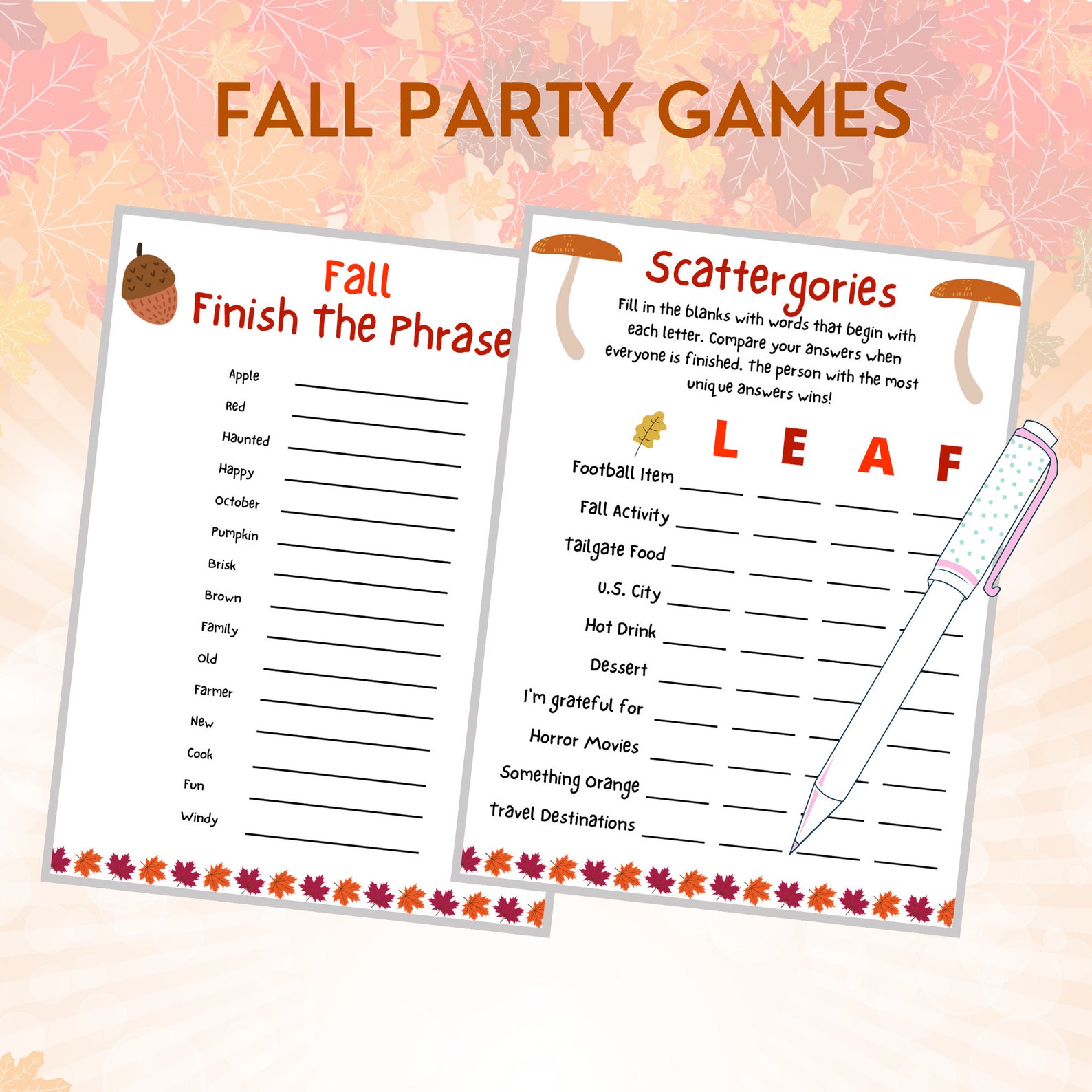 8 Fall Party Games Bundle Printable Autumn Games Bundle Fall Activities ...