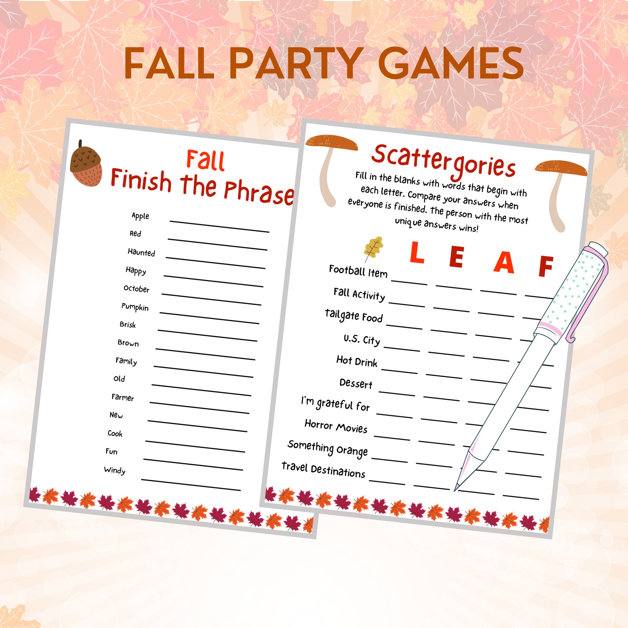 8 Fall Party Games Bundle Printable Autumn Games Bundle Fall Activities ...