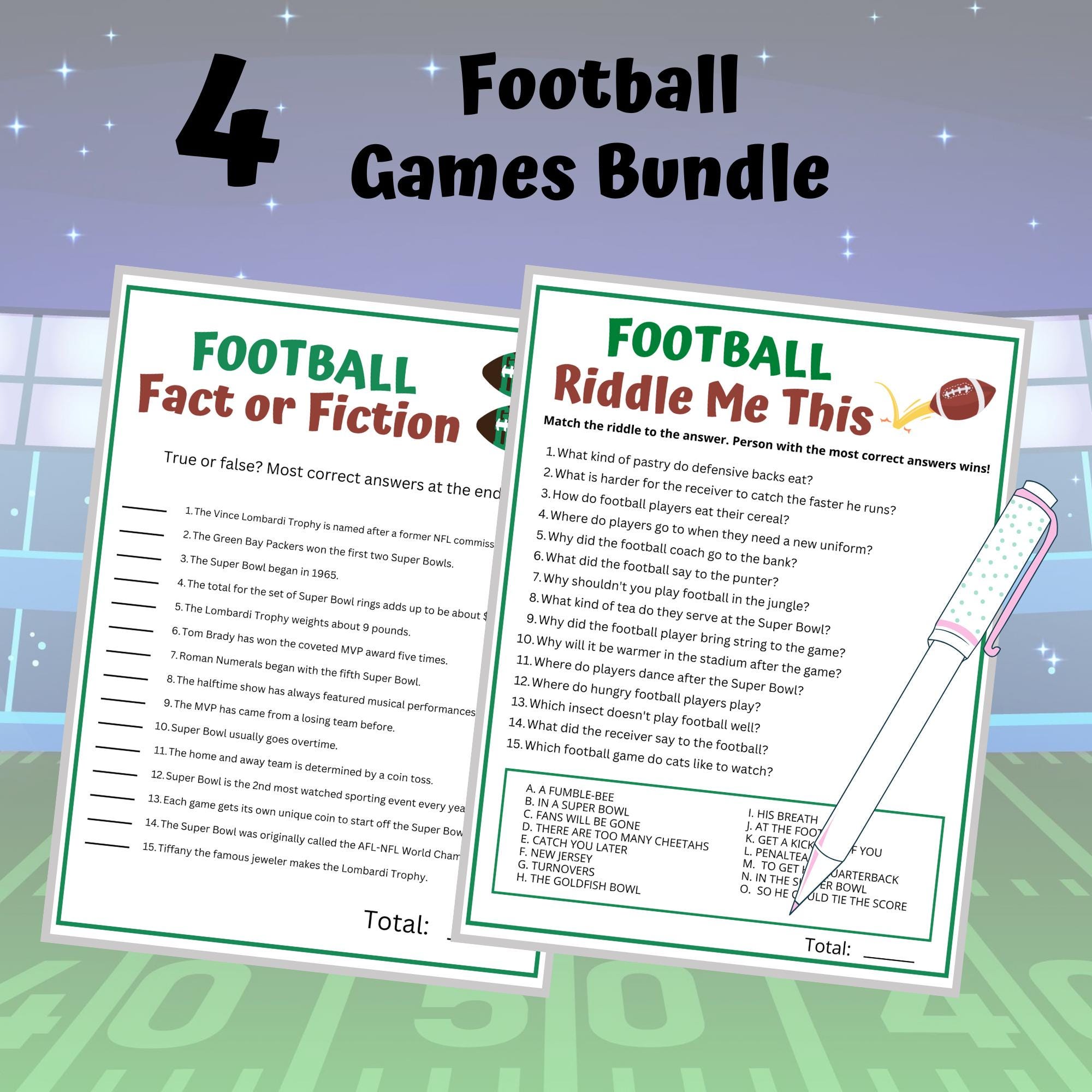 4 Football Party Game Set | Football Trivia | Sup3r Bowl Printable ...