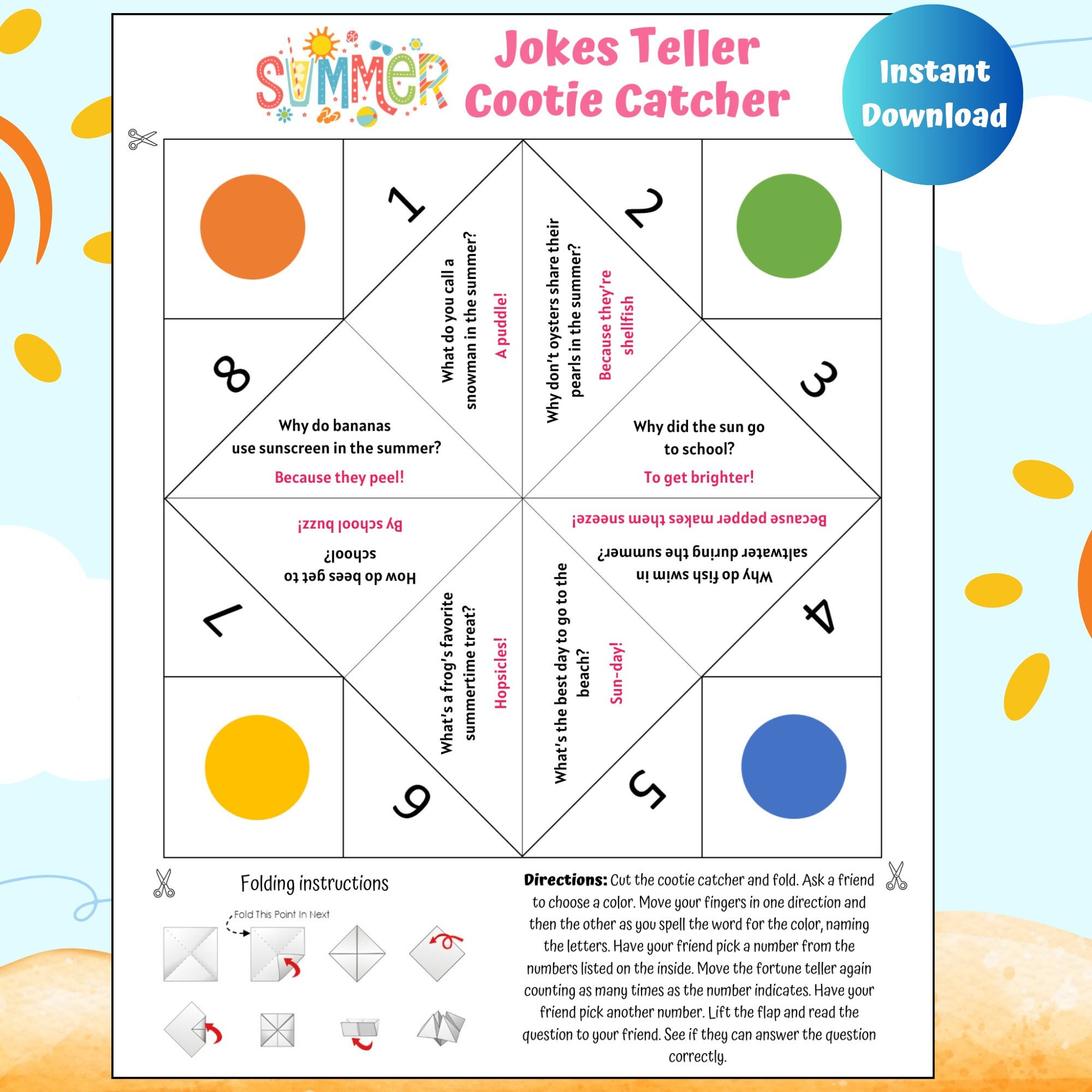 Jokes for Kids Cootie Catcher Chatterbox | Summer Printable for Kids ...