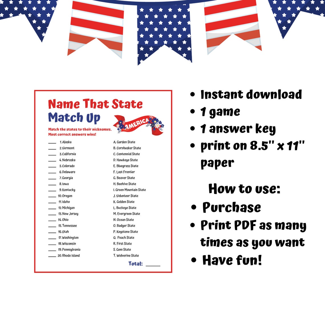 State Nicknames Trivia Game Printable Memorial Day Party Game Patriotic ...
