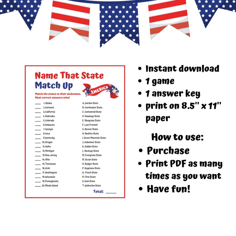 State Nicknames Trivia Game | Printable Memorial Day Party Game ...