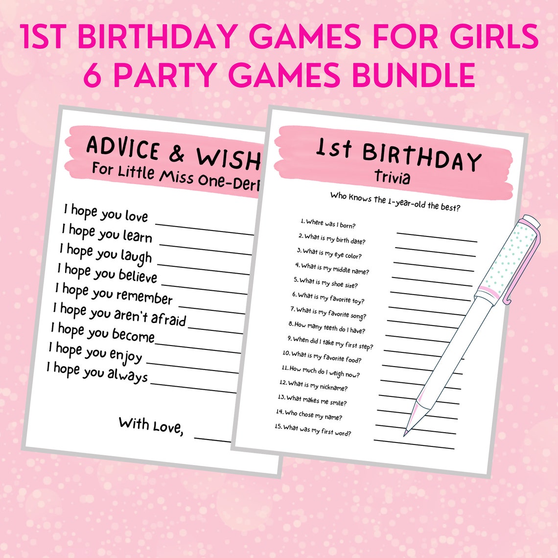 First Birthday Party Games for Girls | Printable Party Games Bundle ...