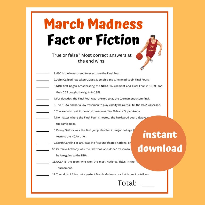 March Madness NCAA Fact or Fiction Trivia Printable March Madness NCAA ...