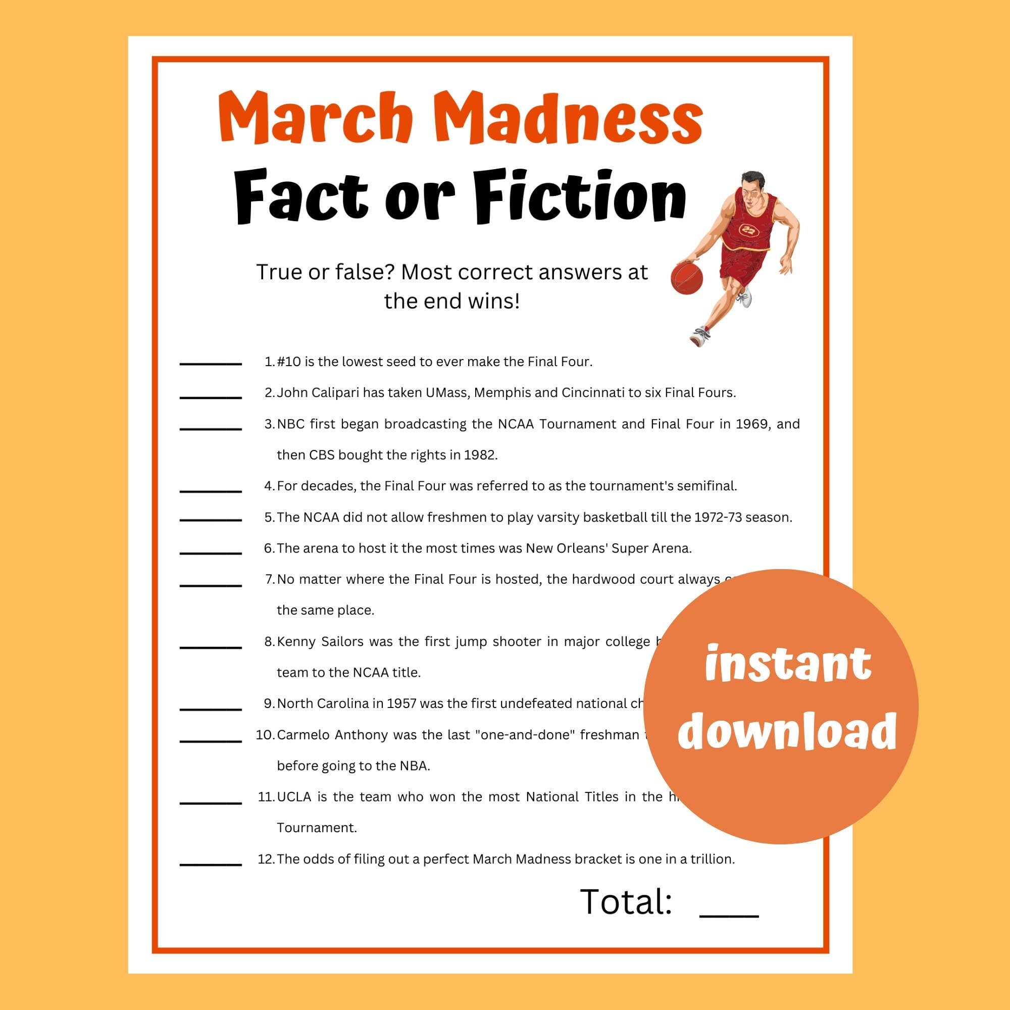 March Madness NCAA Fact or Fiction Trivia Printable March Madness NCAA ...