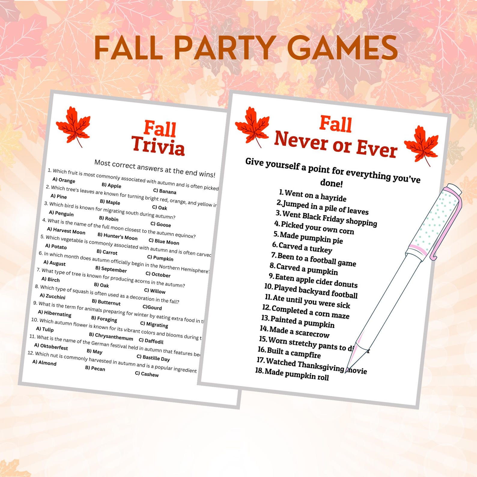 20 Fall Party Games Bundle, Printable Autumn Games, Fun Fall Activities ...