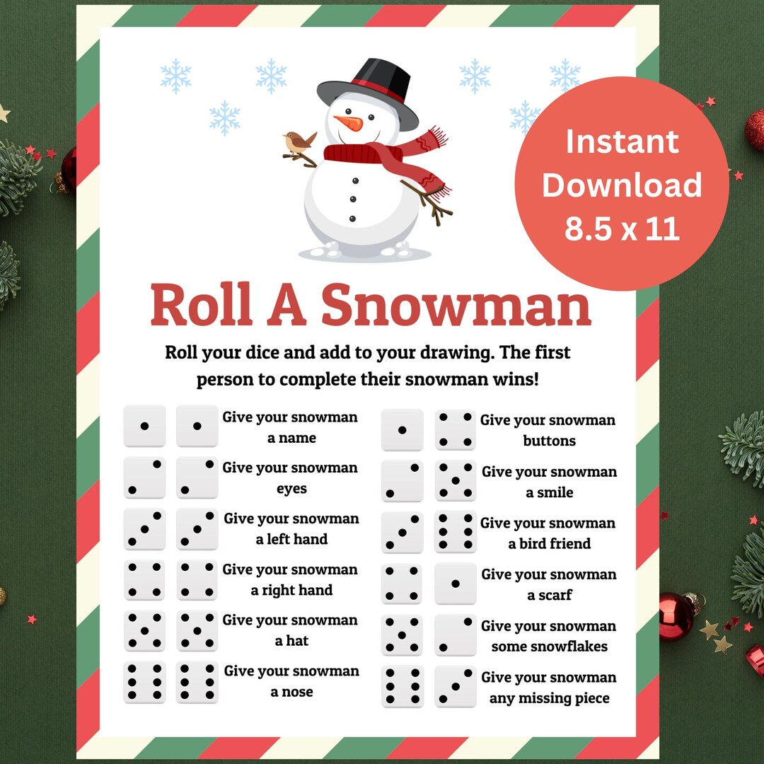 Roll A Snowman Game, Printable Christmas Game, Winter Activity for Kids ...