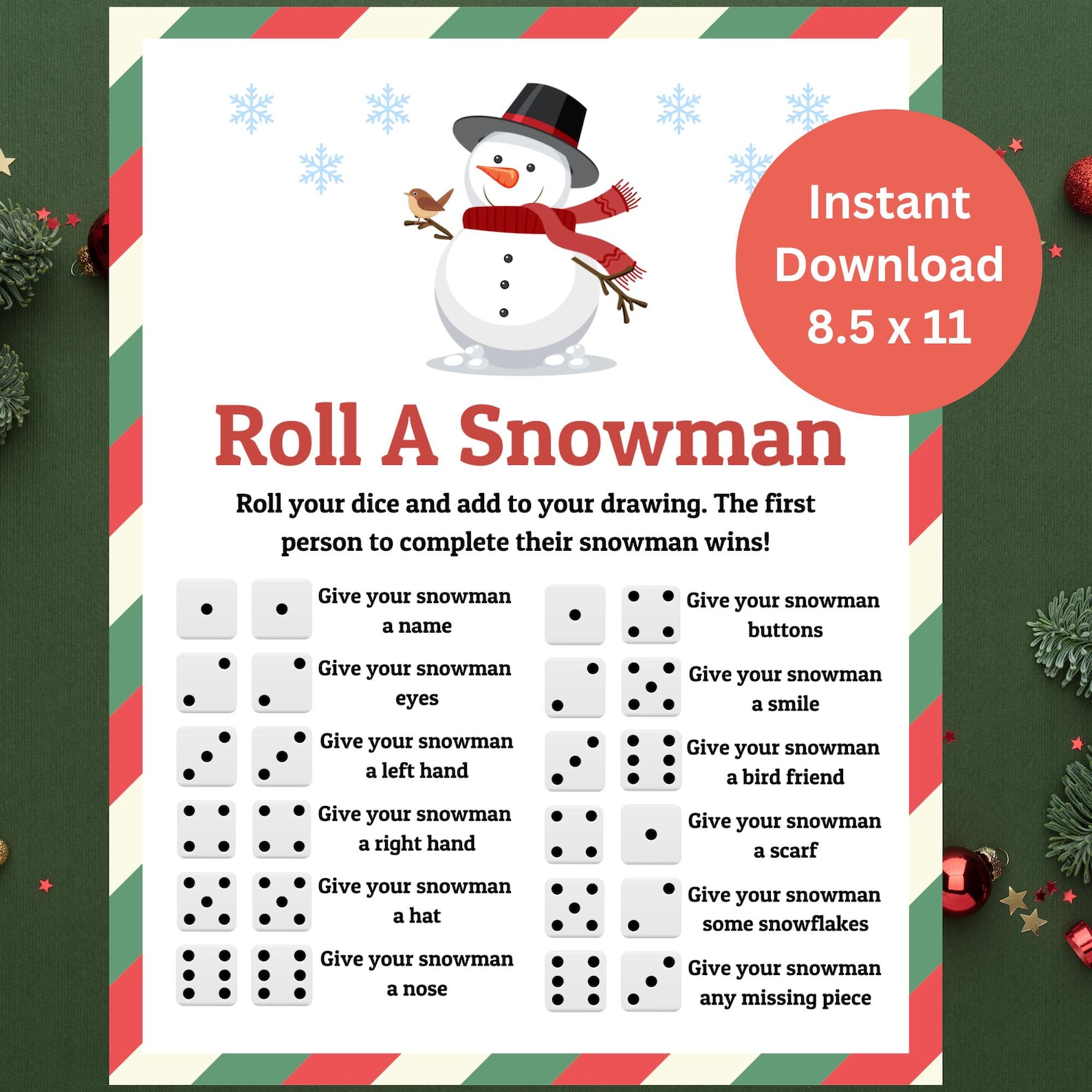 Roll A Snowman Game, Printable Christmas Game, Winter Activity for Kids ...