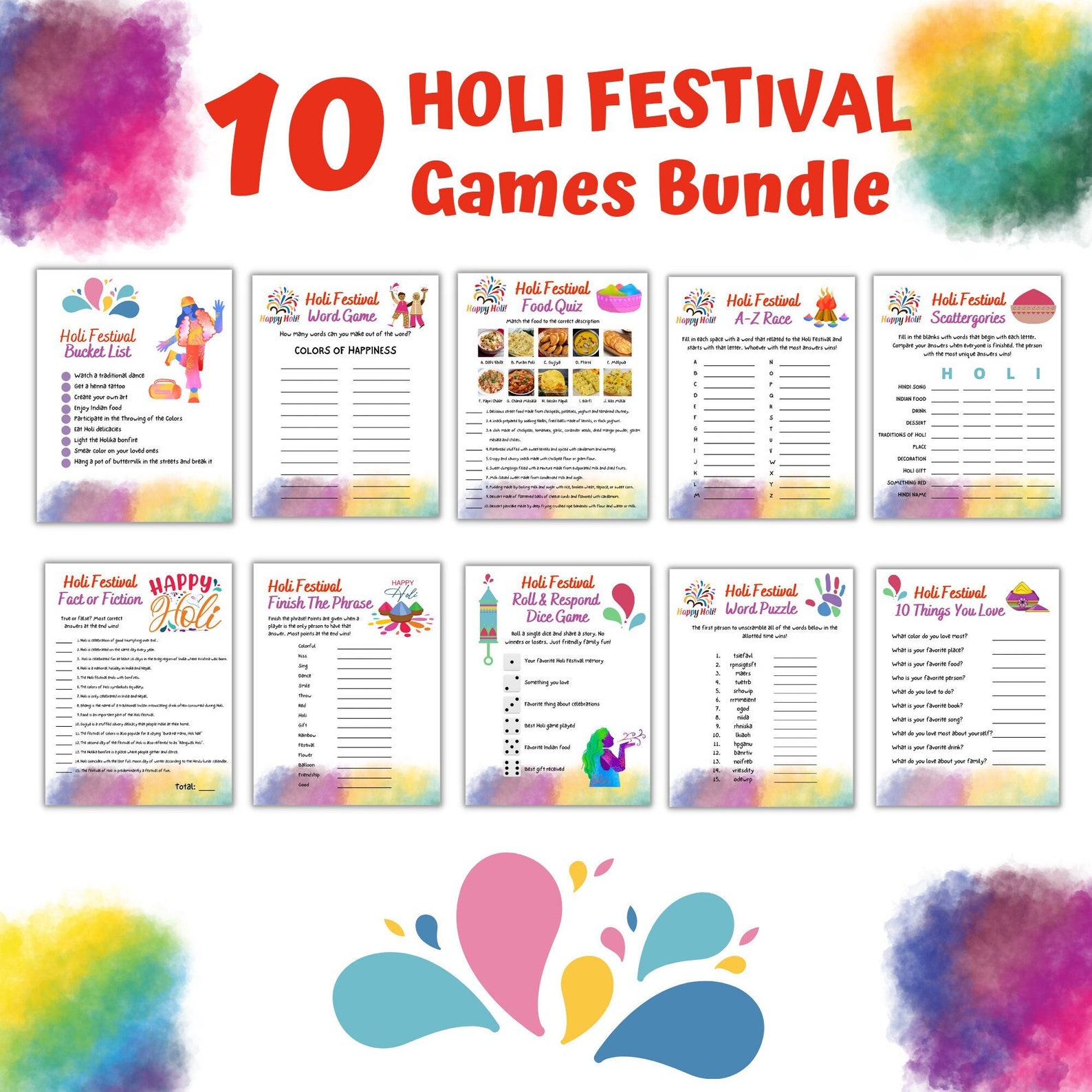Holi Festival Games Bundle Holi Activities for Kids Holi Activities for ...