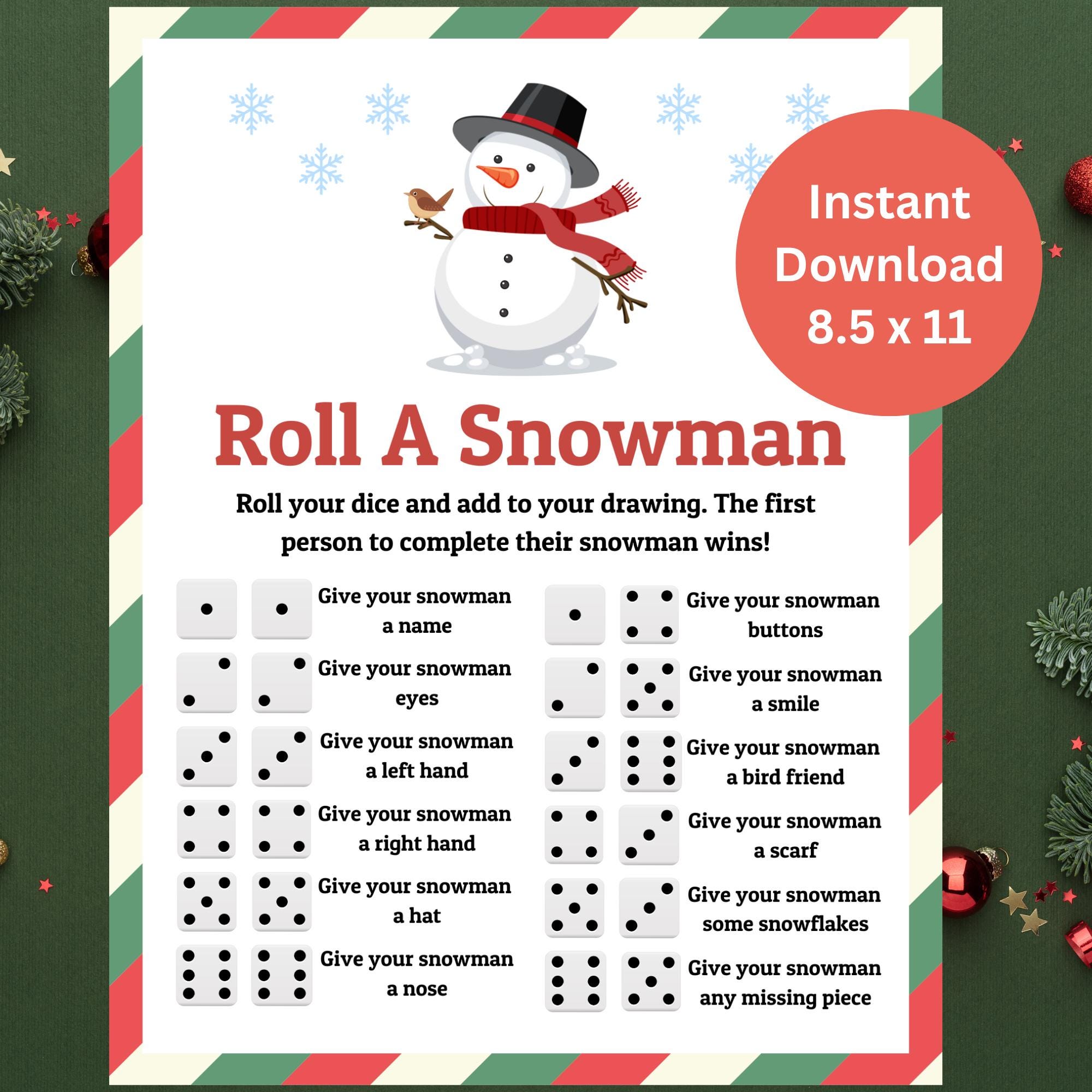 Roll A Snowman Game, Printable Christmas Game, Winter Activity for Kids ...
